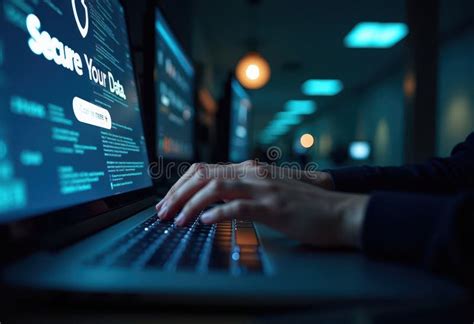 Person Typing On A Laptop With Data Analytics Display In A Dimly Lit Tech Workspace Stock
