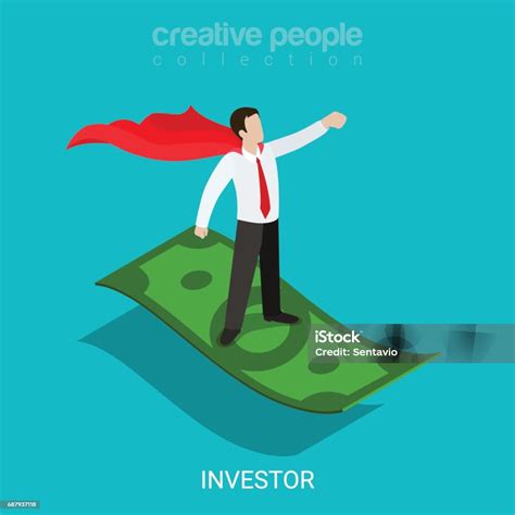 3 차원 Isometric 투자자 자금 책임자 개념 웹 인포 그래픽 벡터 그림을 평면 슈퍼 영웅 사업가 달러 카펫 비행기 비행