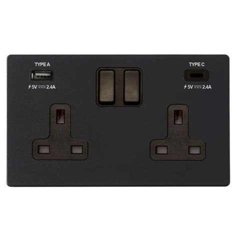 Avenue Screwless Slim USB C Double Socket Matt Black