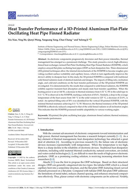 Pdf Heat Transfer Performance Of A 3d Printed Aluminum Flat Plate Oscillating Heat Pipe Finned