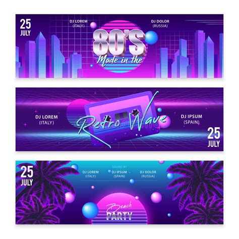 Retrowave Horizontal Banners Set Stock Vector Illustration Of Grid Abstraction 249189376