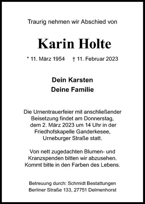 Traueranzeigen Von Karin Holte Noz Trauerportal