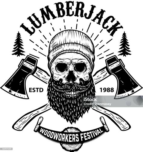 등심 조각 스타일의 교차 도끼와 인간의 두개골 라벨 엠블럼 기호에 대한 디자인 요소 벡터 일러스트레이션 T 셔츠에 대한 스톡 벡터 아트 및 기타 이미지 Istock