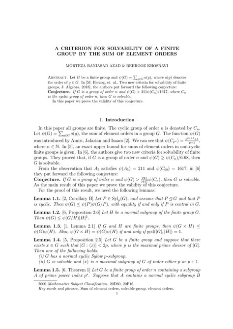 Pdf A Criterion For Solvability Of A Finite Group By The Sum Of