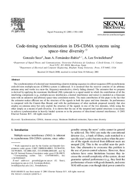 Pdf Code Timing Synchronization In Ds Cdma Systems Using Spacetime Diversity