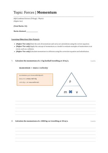 Aqa Gcse Physics Momentum Calculations Self Assessment Questions And Answers [2023] Teaching