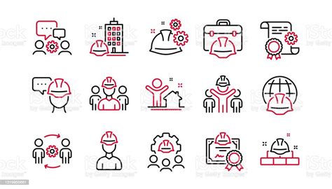 엔지니어링 라인 아이콘 세트입니다 기술 문서 팀워크 및 사람들 기어 엔지니어 및 건설 헬멧이있는 청사진 벡터 공장 산업 건물에 대한 스톡 벡터 아트 및 기타 이미지 Istock