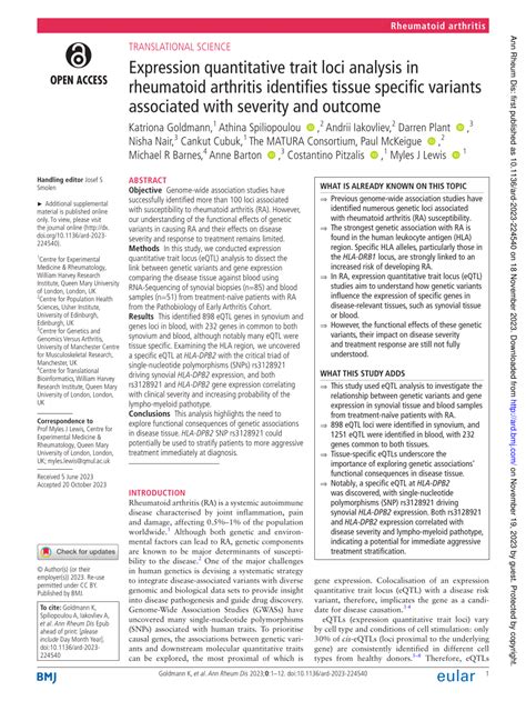 Pdf Expression Quantitative Trait Loci Analysis In Rheumatoid Arthritis Identifies Tissue