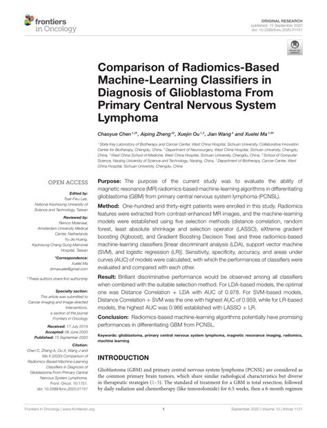 Pdf Comparison Of Radiomics Based Machine Learning Classifiers In Diagnosis Of Glioblastoma