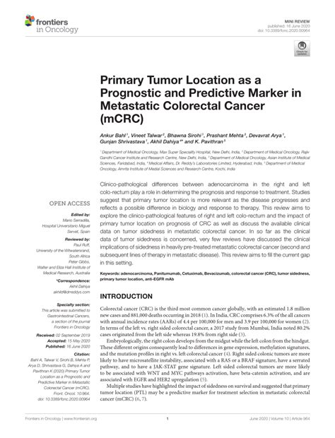 Pdf Primary Tumor Location As A Prognostic And Predictive Marker In
