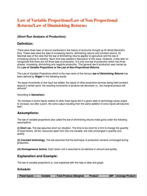 Law Variable Proportions Pdf Labour Economics Production Function
