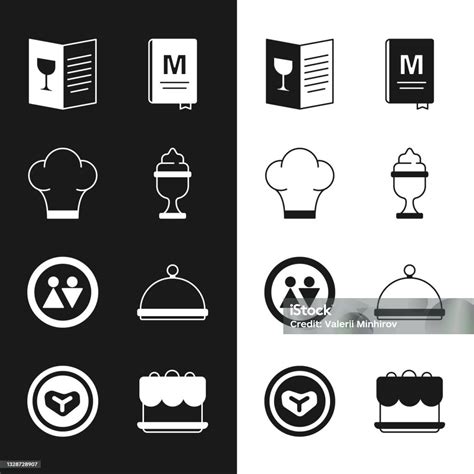 그릇에 아이스크림을 설정 요리사 모자 레스토랑 카페 메뉴 화장실 접시 아이콘에 트레이 케이크와 스테이크 고기로 덮여 벡터 0명에