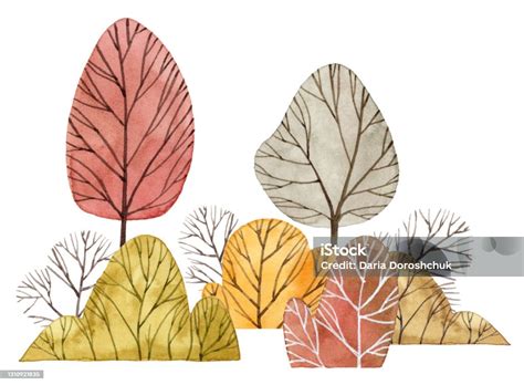 수채화 손 페인팅 일러스트 나무와 덤불숲 장면 장식 배경 10월에 대한 스톡 벡터 아트 및 기타 이미지 10월 가을 갈색