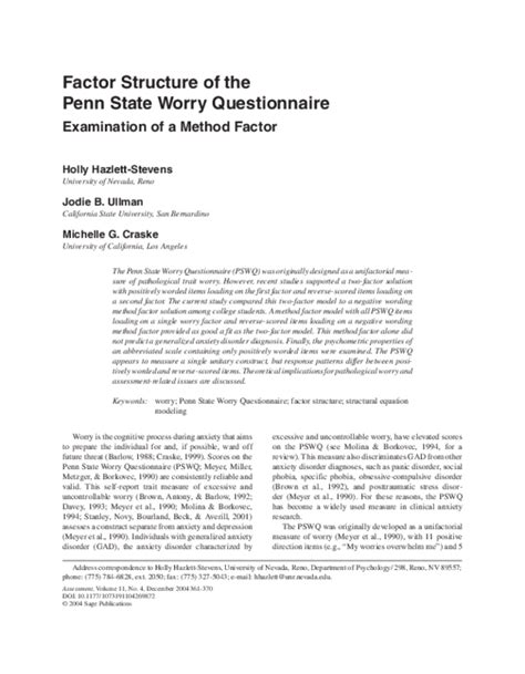 Pdf Factor Structure Of The Penn State Worry Questionnaire Examination Of A Method Factor
