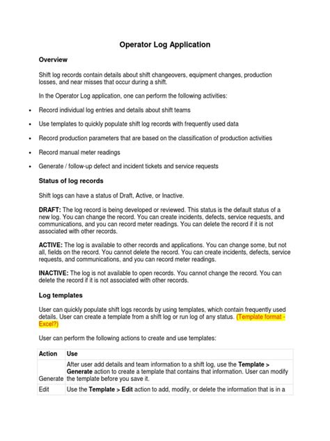 Operator Log Application Template Format Excel Pdf Safety