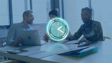 Clock Animation Over Diverse Business Team Working At Table With