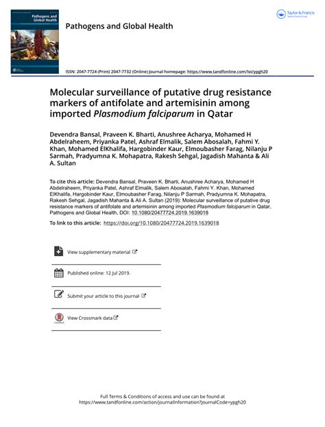 Pdf Molecular Surveillance Of Putative Drug Resistance Markers Of