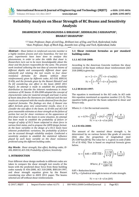 Reliability Analysis On Shear Strength Of Rc Beams And Sensitivity Analysis Pdf Civil