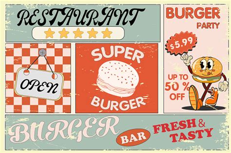 패스트푸드점과 식당 복고풍 간판 컬렉션 버거 포스터와 벡터 디자인 요소 감자 요리에 대한 스톡 벡터 아트 및 기타 이미지 감자 요리 고기 광고 Istock