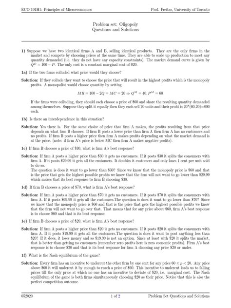 Eco101 Problem Set 12 Oligopoly Pdf Profit Economics Economic