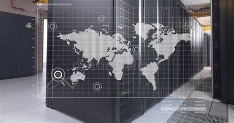 world map and graphs processing data over computer server room stock