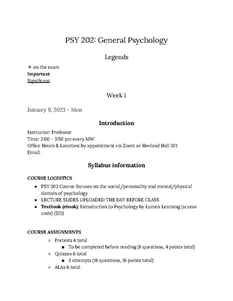 Psy 202 Lecture Notes Psy 202 General Psychology Legends On The Exam Important Significant