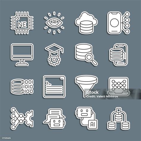 서버 데이터 신경망 클라우드 기술 데이터 전송 데이터베이스 눈금 모자 컴퓨터 모니터 프로세서 Cpu 및 아이콘을 설정합니다 벡터