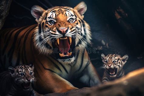 Tigress Roar Mother Tiger Protecting Tiger Cubs In The Jungle