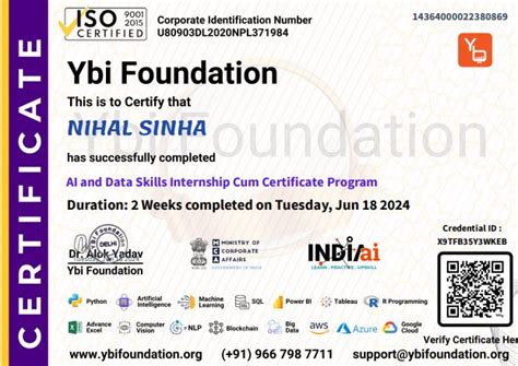 Nihal Sinha On Linkedin Ai Datascience Internship Certificate Ybifoundation Learning