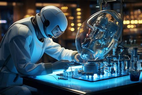 premium photo robot scientist analyzing data in a research lab
