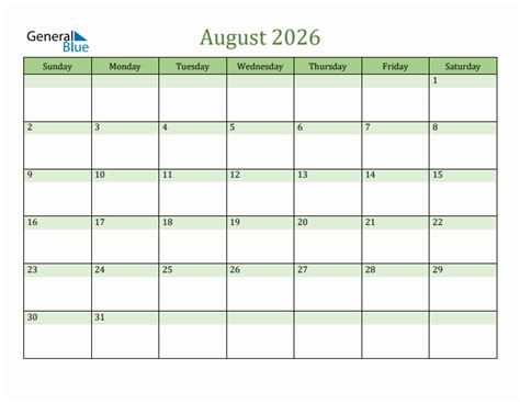 Blank August 2026 Calendar