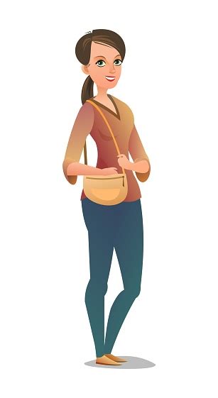 바지와 스웨터에 잘 생긴 여자 쾌활한 중년 소녀 쾌활한 사람 스탠딩 포즈 만화 만화 스타일의 평면 디자인 단일 문자입니다 흰색 배경에 격리된 그림입니다 벡터 개념에 대한