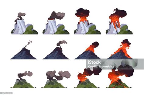 화산 폭발 폭발 흐름 마그마 화재 및 연기 용암 화산재 및 가스가 있는 분화구의 다양한 단계가 있는 만화 화산 산 벡터 플랫 세트 벡터에 대한 스톡 벡터 아트 및 기타