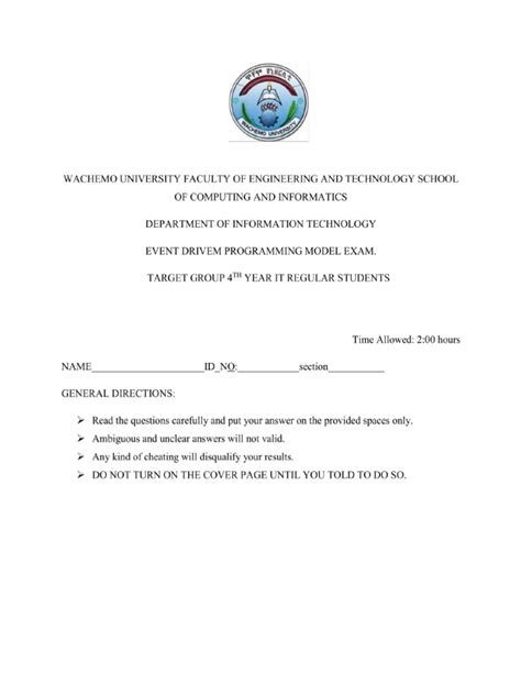 Event Driven Programming Mcq Worksheet For Exit Exam 2015 Pdf