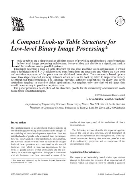 Pdf A Compact Look Up Table Structure For Low Level Binary Image Processing