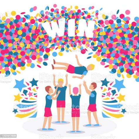 승리를 축하하는 대회 우승자 벡터 일러스트레이션 스포츠 콘테스트 챔피언 팀 플랫 만화 스타일 텍스트에 대한 장소와 다채로운 색종이 마라톤 우승 남자에 대한 스톡 벡터 아트
