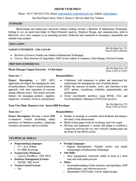 Trinh Vinh Phuc Curriculum Vitae C Pdf My Sql Object Oriented Programming