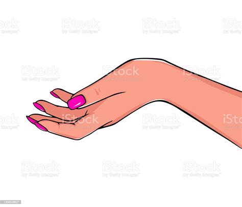 벡터 핑크 손톱과 아름다운 여자의 손 세련된 트렌디 한 여성 매니큐어 뷰티 살롱 용 디자인 개념에 대한 스톡 벡터 아트 및 기타 이미지 Istock