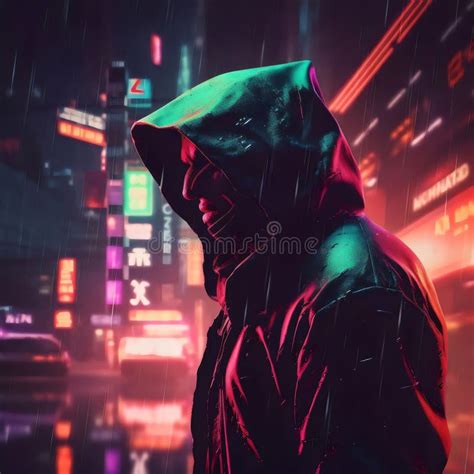 Cyberpunk Character In Rain Stock Illustration Illustration Of Sheen