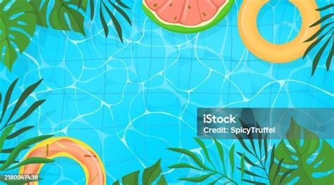 여름 수영장 여름 파티 초대 또는 판매를위한 재미있는 수영 배경 물 분홍색 튜브는 파도 녹색 열대 잎에 떠 있습니다 수박과 도넛 링 공간을 복사합니다 벡터 일러스트 레이 션