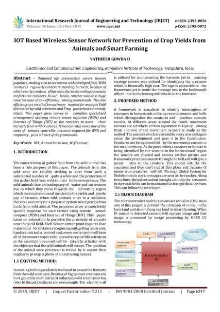 Irjet Iot Based Wireless Sensor Network For Prevention Of Crop Yields