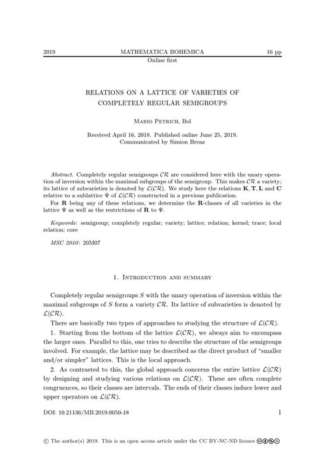 Pdf Relations On A Lattice Of Varieties Of Completely Regular Semigroups