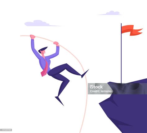 목표를 달성하기 위해 붉은 깃발과 높은 바위 위에 사업가 극 금고와 장애물과 비즈니스 경쟁 개념을 극복 커리어 부스트 및 태스크 솔루션 만화 플랫 벡터 일러스트 역경 극복에