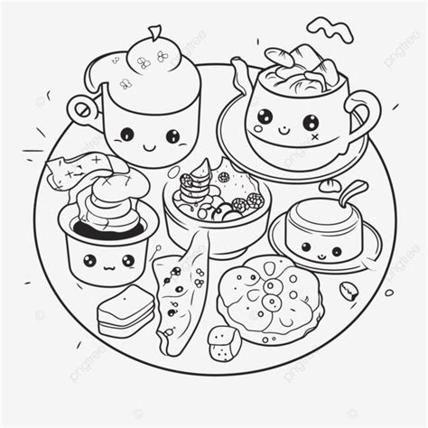 귀여운 음식 색칠 페이지 개요 스케치 드로잉으로 가득 찬 접시 벡터 아침 그림 아침 식사 개요 아침 스케치 PNG