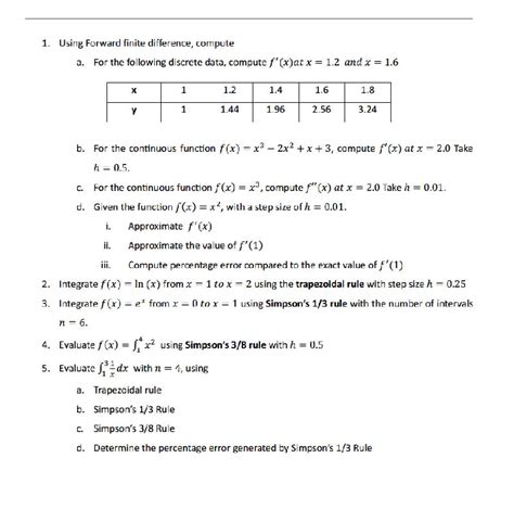 1 using forward finite difference compute a for the following discrete