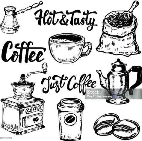 커피 손으로 그린 아이콘 세트 레이블 상징 기호 메뉴 포스터 전단지에 대 한 디자인 요소입니다 벡터 일러스트 레이 션 가리기에