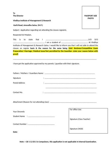 application formate for not attending regular classes pdf