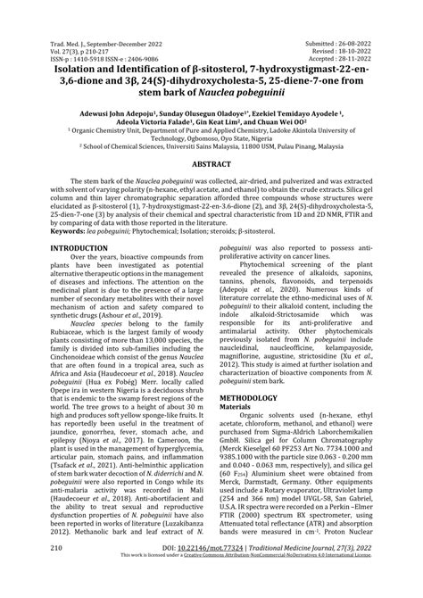 Pdf Isolation And Identification Of β Sitosterol 7 Hydroxystigmast