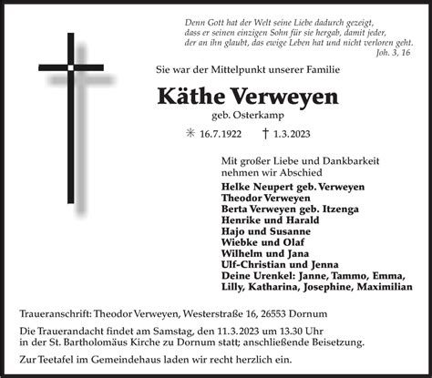 Traueranzeigen Von Käthe Verweyen Ok Trauer De
