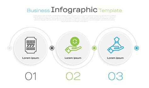 행운의 일곱 잭팟 핸드 홀딩 카지노 칩과 손 들고 돈 가방을 세트 라인 슬롯 머신 비즈니스 인포그래픽 템플릿입니다 벡터 가능성에